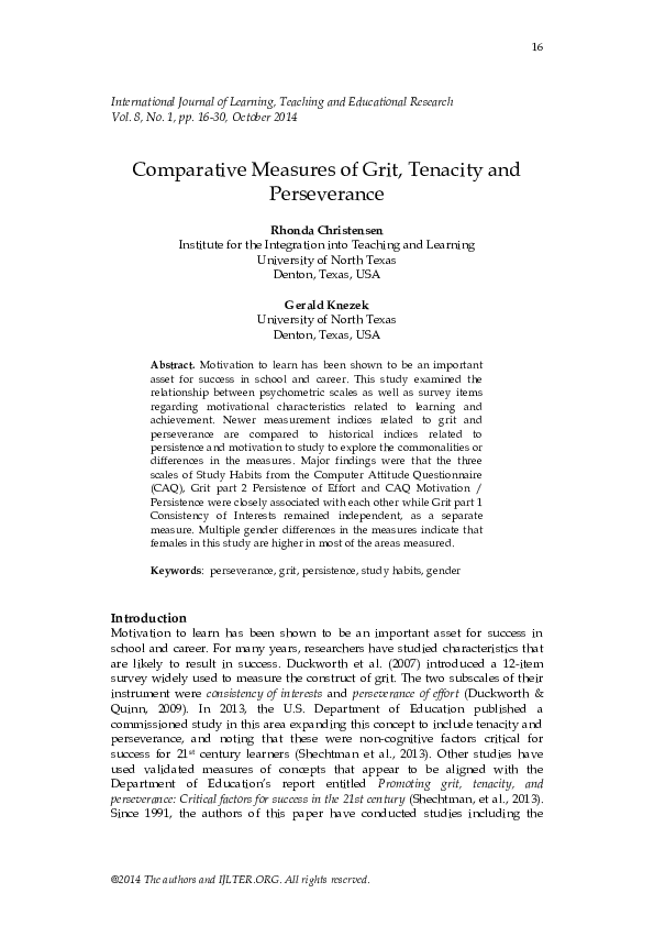 (PDF) Comparative Measures of Grit, Tenacity and Perseverance