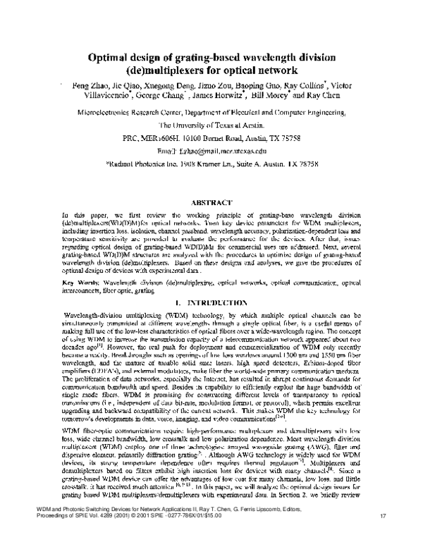 (PDF) Optimal design of grating-based wavelength division (de)multiplexers for optical network
