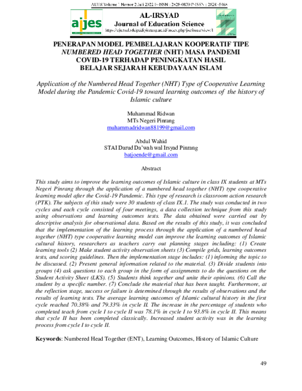 (PDF) Penerapan Model Pembelajaran Kooperatif Tipe the Learning Cell Untuk Meningkatkan ...