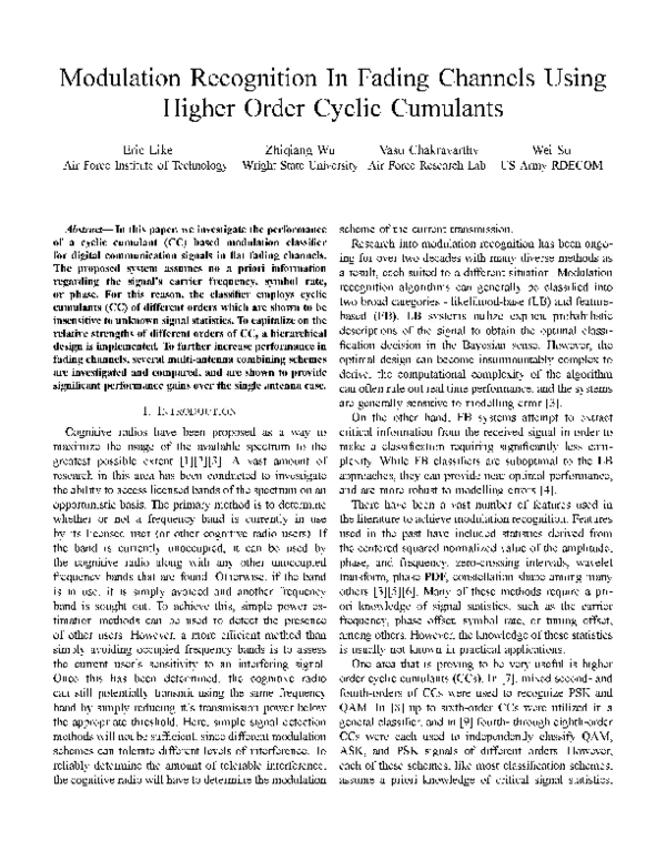 (PDF) Modulation Recognition In Fading Channels Using Higher Order Cyclic Cumulants
