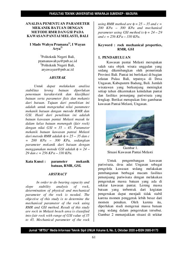 (PDF) Analisa Penentuan Parameter Mekanik Batuan Dengan Metode RMR Dan ...