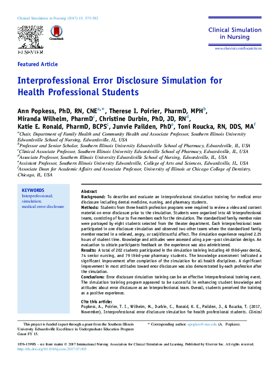 (PDF) Interprofessional Error Disclosure Simulation for Health ...