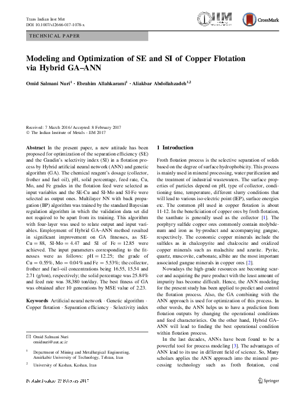 (PDF) Modeling and Optimization of SE and SI of Copper Flotation via Hybrid GA–ANN