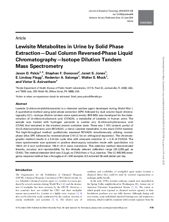(PDF) Lewisite Metabolites in Urine by Solid Phase Extraction—Dual ...