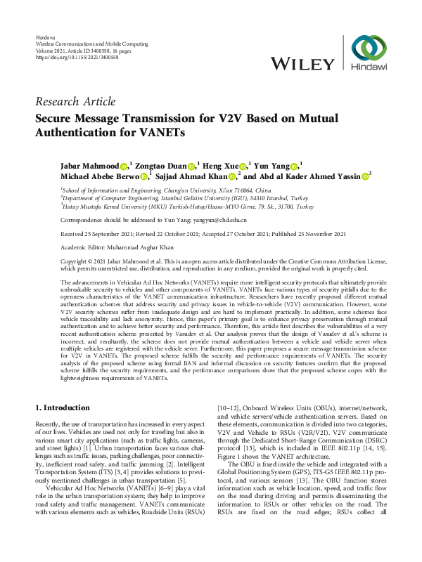 (PDF) Secure Message Transmission for V2V Based on Mutual ... (PDF) Secure Message Transmission for V2V Based on Mutual ...