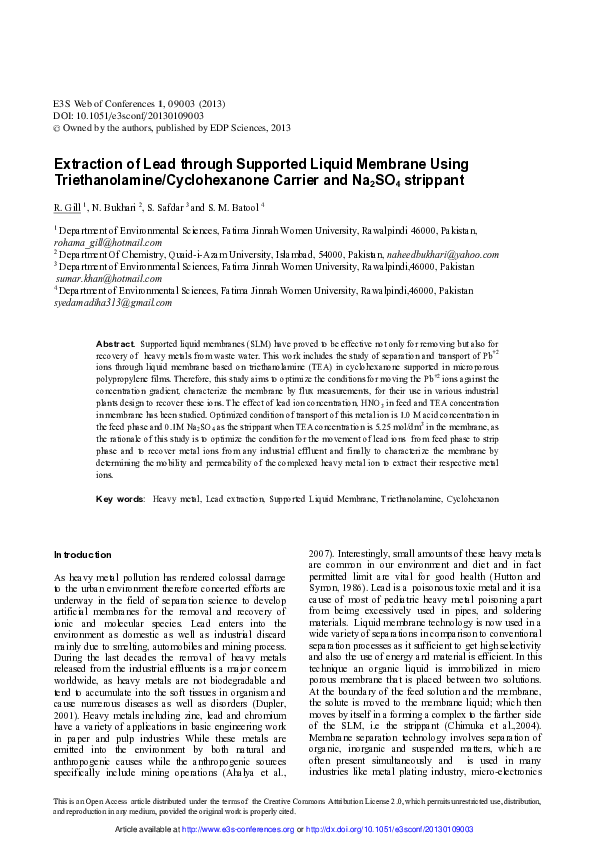 (PDF) Extraction of Lead through Supported Liquid Membrane Using ...