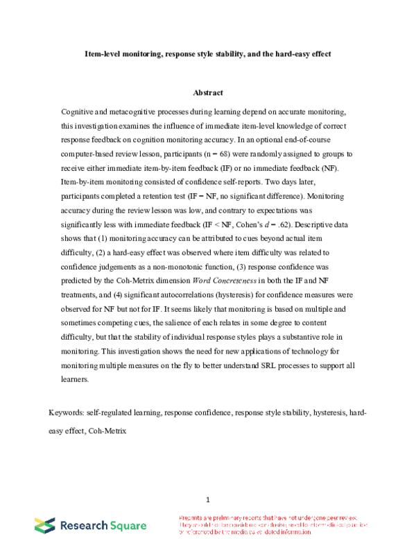 (PDF) Item-level monitoring, response style stability, and the hard-easy effect