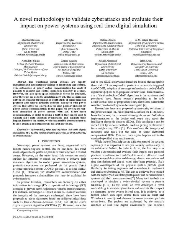 Pdf Validating Cyberattacks On Power Systems Via Real Time Simulation