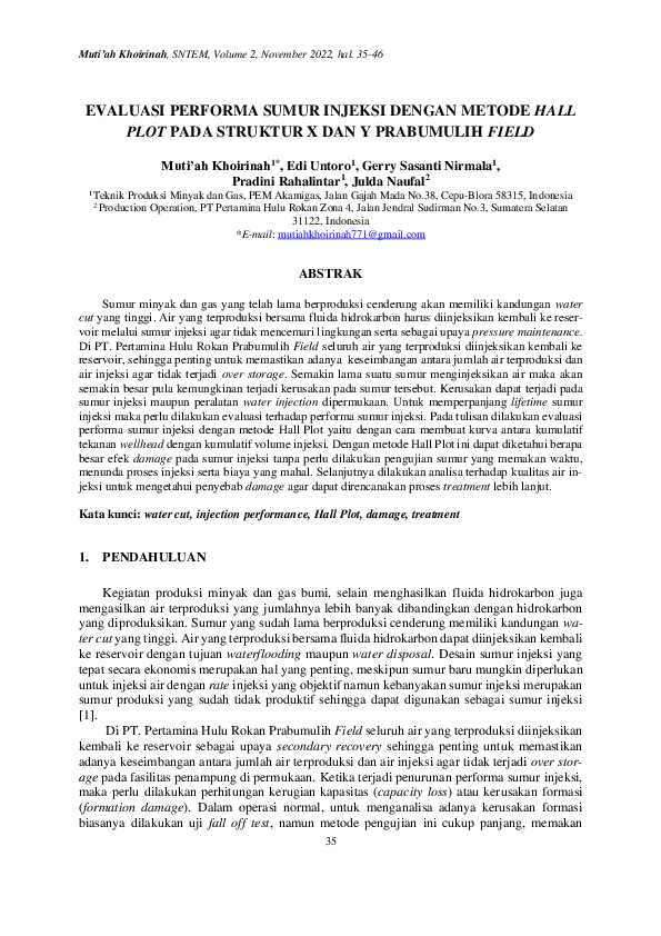 (PDF) Evaluasi Performa Sumur Injeksi Dengan Metode Hall Plot Pada Struktur X Dan y Prabumulih Field