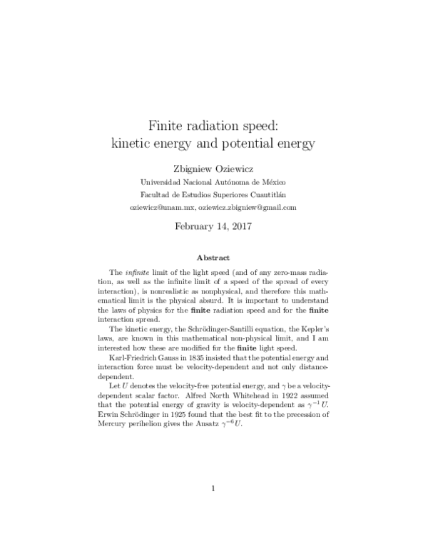 (PDF) Finite radiation speed: kinetic energy and potential energy