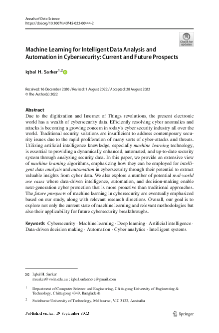 (PDF) Machine Learning for Intelligent Data Analysis and Automation in Cybersecurity: Current ...