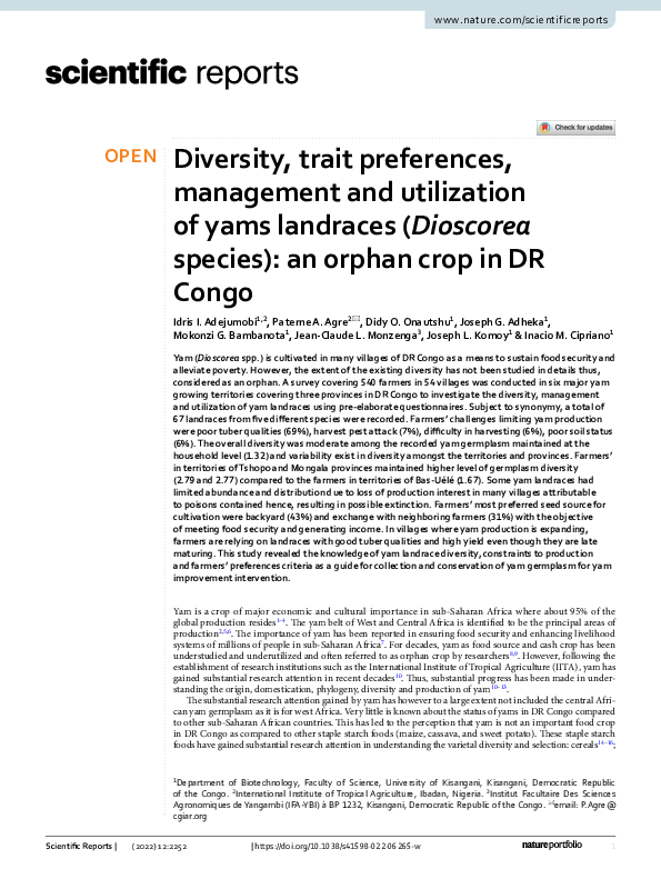(PDF) Diversity, trait preferences, management and utilization of yams landraces (Dioscorea ...