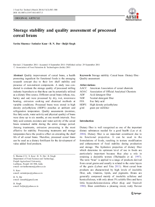 (PDF) Storage stability and quality assessment of processed cereal brans