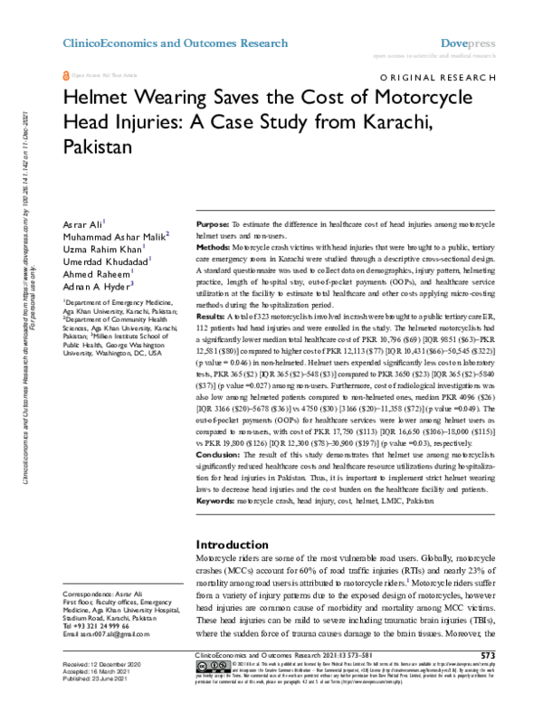 (PDF) Helmet Wearing Saves the Cost of Motorcycle Head Injuries: A Case ...