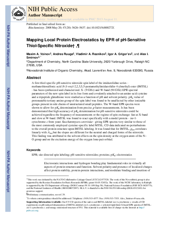 (PDF) Mapping Local Protein Electrostatics by EPR of pH-Sensitive Thiol ...