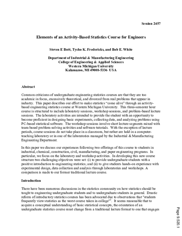(PDF) Elements Of An Activity Based Statistics Course For Engineers