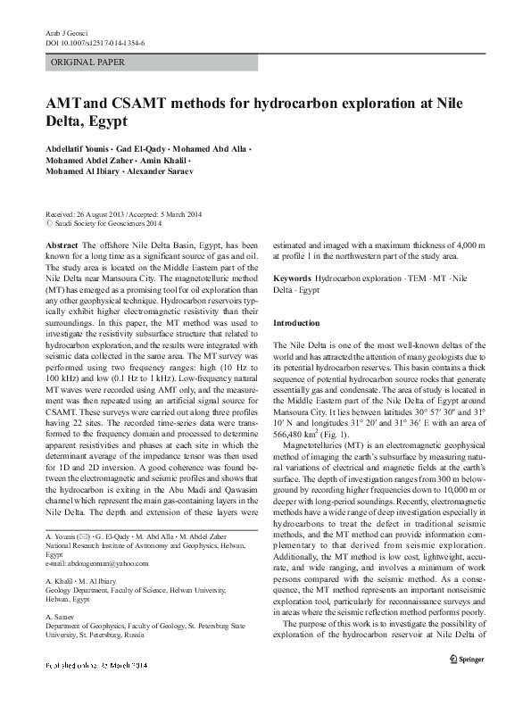 (PDF) AMT and CSAMT methods for hydrocarbon exploration at Nile Delta, Egypt