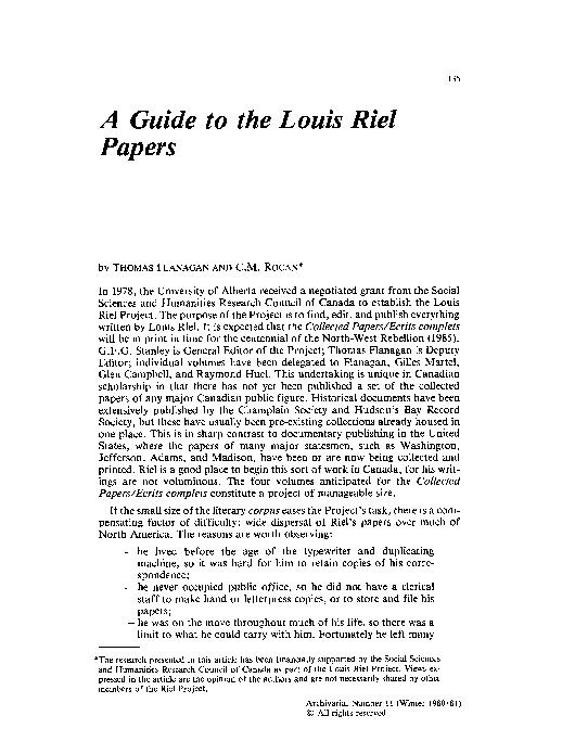 (PDF) A Guide to the Louis Riel Papers