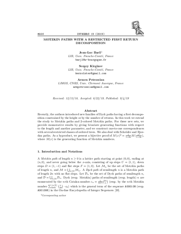 (PDF) Motzkin Paths With a Restricted First Return Decomposition