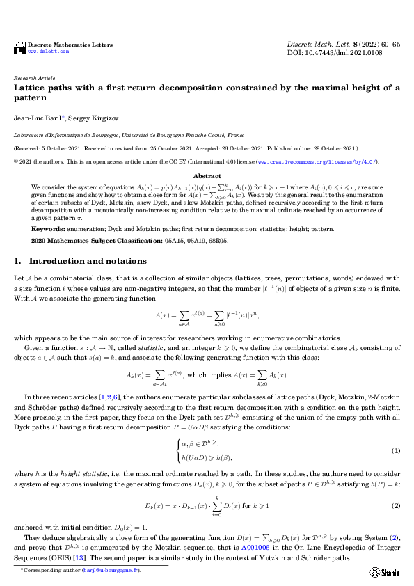 (PDF) Lattice Paths With a First Return Decomposition Constrained by the Maximal Height of a Pattern