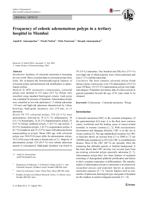 (PDF) Frequency of colonic adenomatous polyps in a tertiary hospital in ...