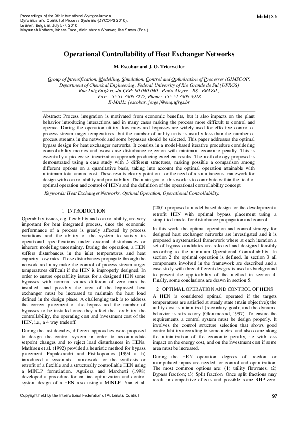 (PDF) Operational Controllability of Heat Exchanger Networks