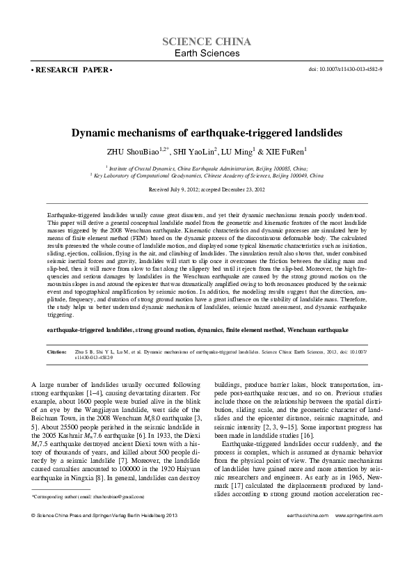 (PDF) Dynamic mechanisms of earthquake-triggered landslides