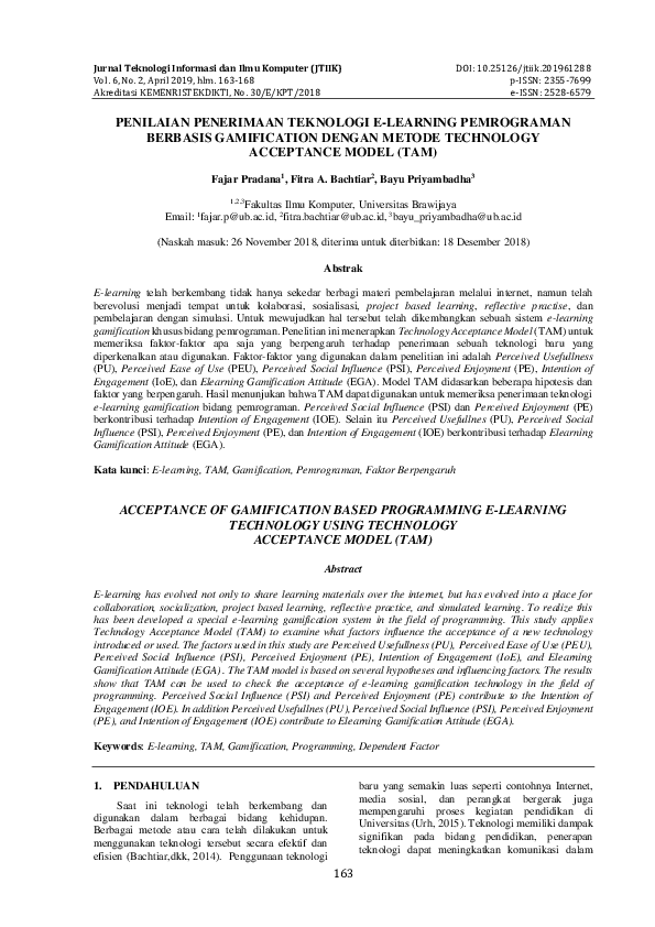(PDF) Penilaian Penerimaan Teknologi E-Learning Pemrograman berbasis Gamification dengan Metode ...
