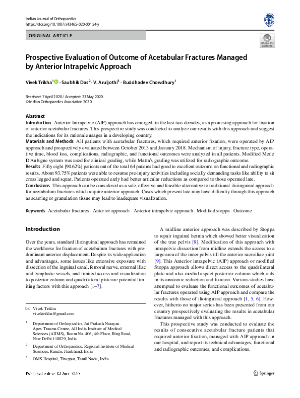 (PDF) Prospective Evaluation of Outcome of Acetabular Fractures Managed by Anterior Intrapelvic ...