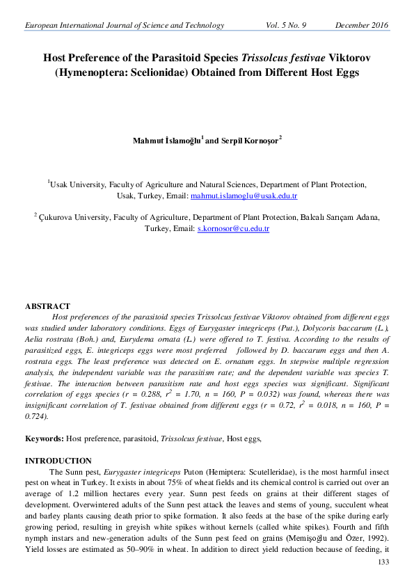 (PDF) Host Preference of the Parasitoid Species Trissolcus festivae ...