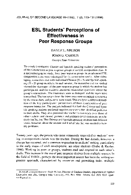 (PDF) ESL students' perceptions of effectiveness in peer response groups