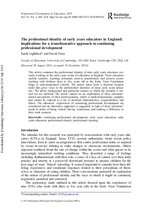 (PDF) The professional identity of early years educators in England ...