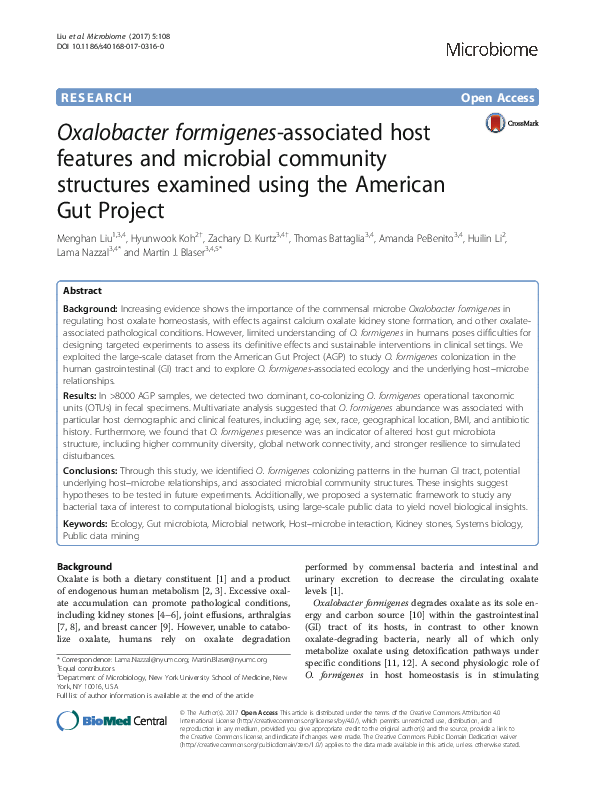 (PDF) Oxalobacter formigenes-associated host features and microbial ...