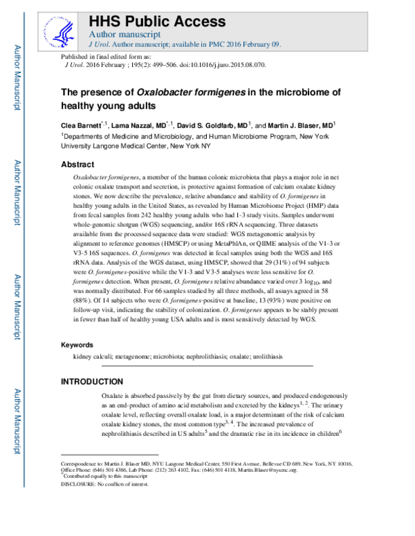 (PDF) The presence of Oxalobacter formigenes in the microbiome of ...