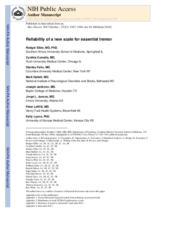 (PDF) Reliability of a new scale for essential tremor