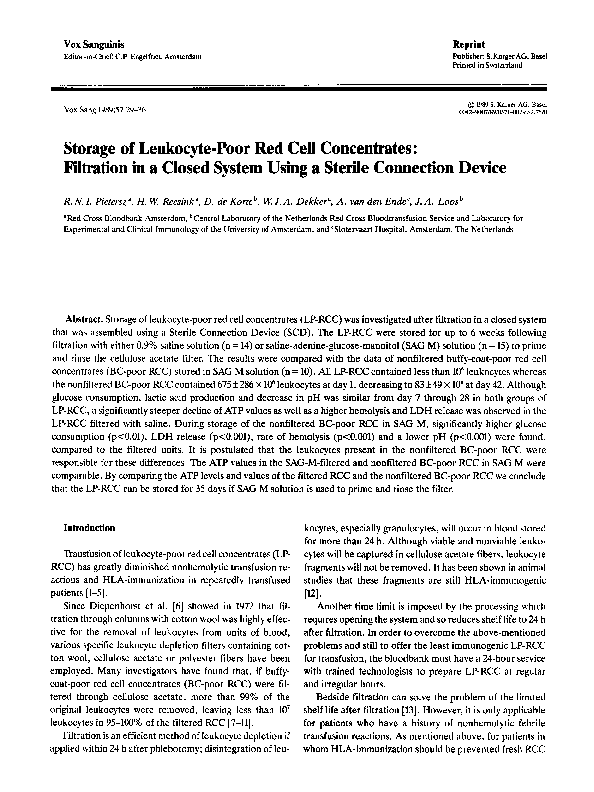 (PDF) Storage of Leukocyte-Poor Red Cell Concentrates: Filtration in a ...
