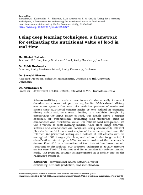 Pdf Using Deep Learning Techniques A Framework For Estimating The Nutritional Value Of Food