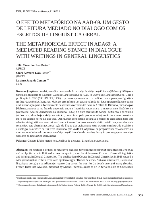 (PDF) O Efeito Metafórico Na AAD-69: Um Gesto De Leitura Mediado No ...