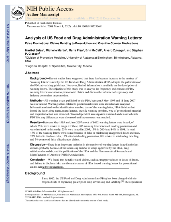 (PDF) Analysis of US Food and Drug Administration Warning Letters