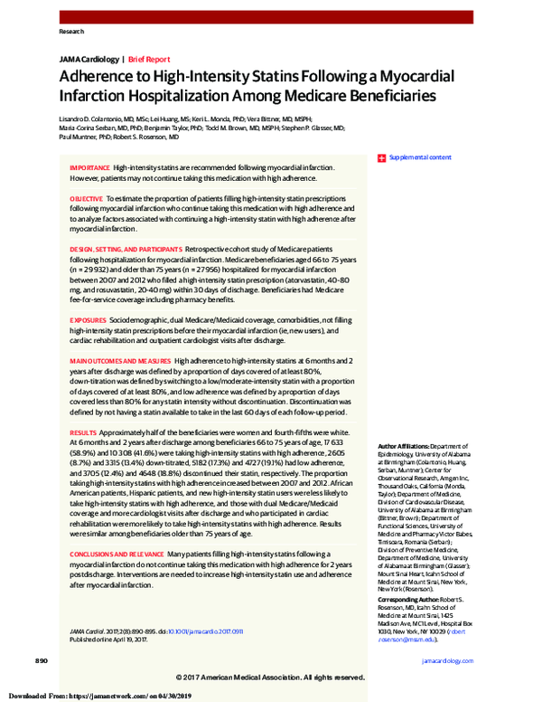 (PDF) Adherence to High-Intensity Statins Following a Myocardial ...