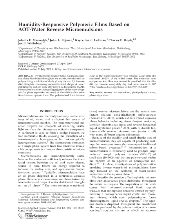 (PDF) Humidity-responsive polymeric films based on AOT-water reverse ...