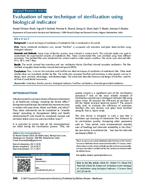 (PDF) Evaluation of new technique of sterilization using biological indicator