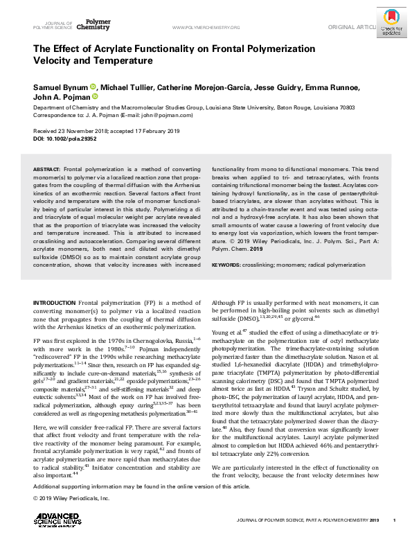 (PDF) The effect of acrylate functionality on frontal polymerization ...