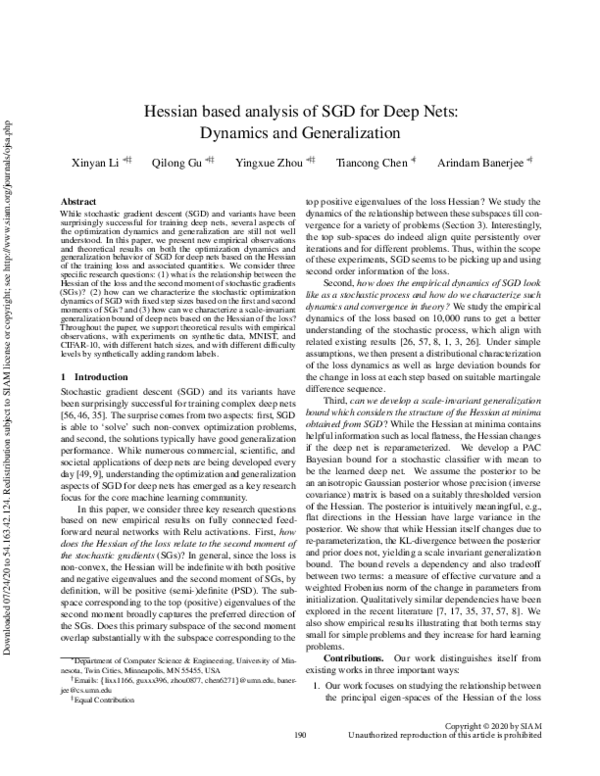 (PDF) Hessian based analysis of SGD for Deep Nets: Dynamics and Generalization