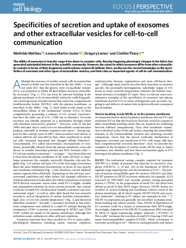 (PDF) Specificities of secretion and uptake of exosomes and other ...
