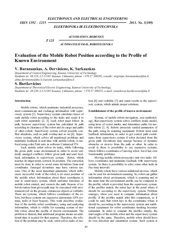 (PDF) Evaluation of the Mobile Robot Position according to the Profile of Known Environment