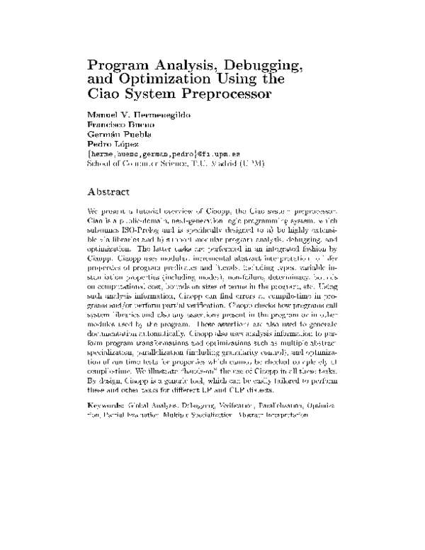 Pdf Program Analysis Debugging And Optimization Using The Ciao System Preprocessor