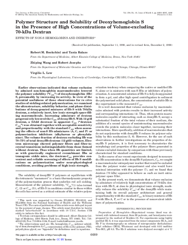 (PDF) Polymer Structure and Solubility of Deoxyhemoglobin S in the ...