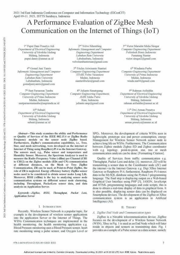 Pdf A Performance Evaluation Of Zigbee Mesh Communication On The Internet Of Things Iot