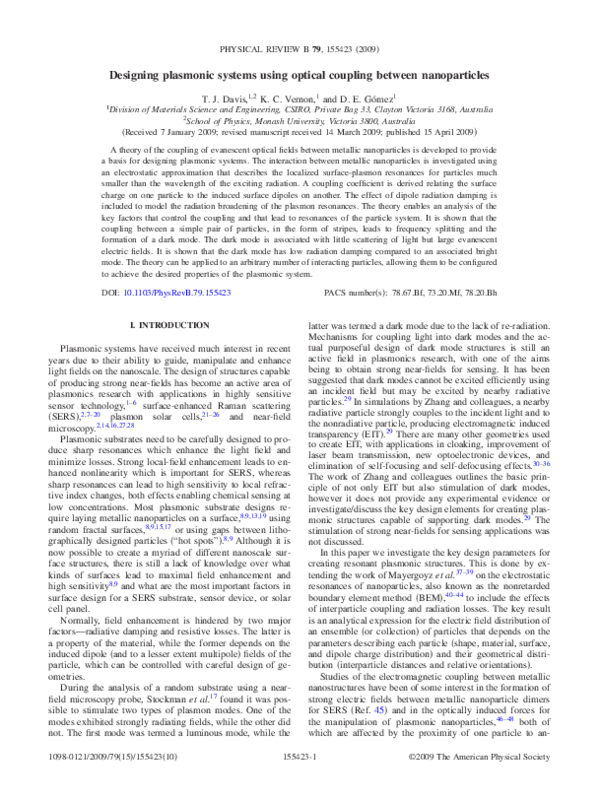 (PDF) Designing plasmonic systems using optical coupling between nanoparticles